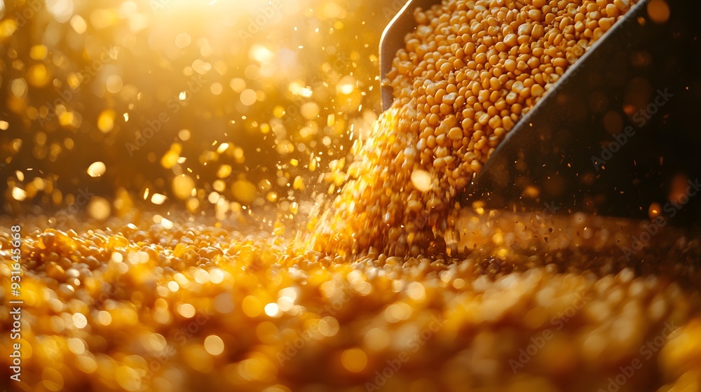 Corn kernels pouring from a chute, golden sunlight, harvest time, close ...