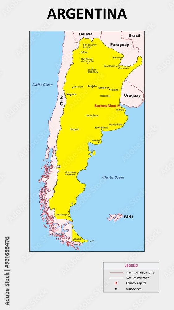 Argentina Map. Major cities in Argentina. Political map of Argentina with border and ...