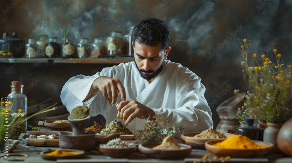 Homeopathic lab with medical jars on shelves, a man in a white coat ...