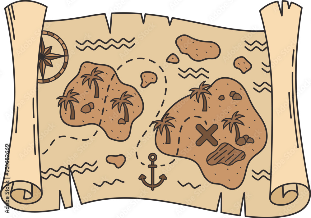 Cartoon groovy pirate and corsair treasures map. Vector worn fantasy ...