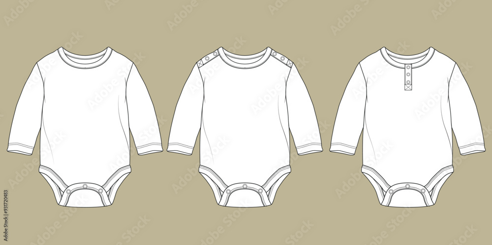 Long sleeve kids bodysuit, CAD, fashion flat template. Fashion ...