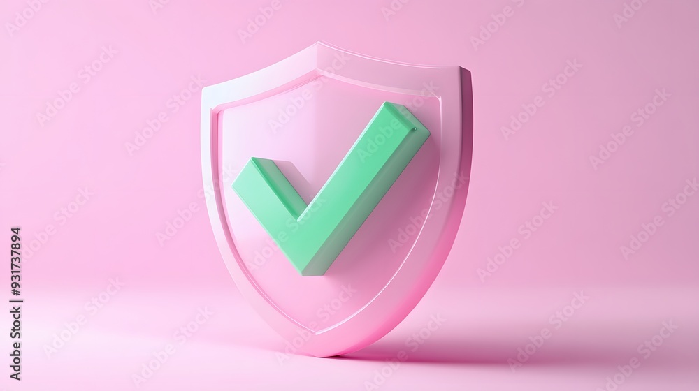 cartoon 3d Icon safety shield green check mark perspective . pink ...
