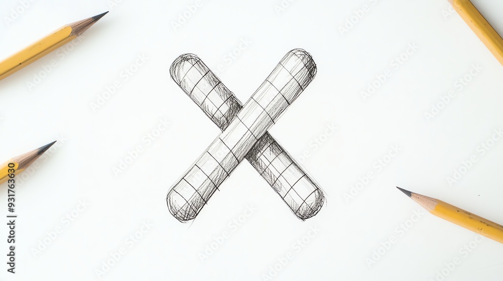 Three yellow pencils lie on a white sheet of paper. One pencil has ...