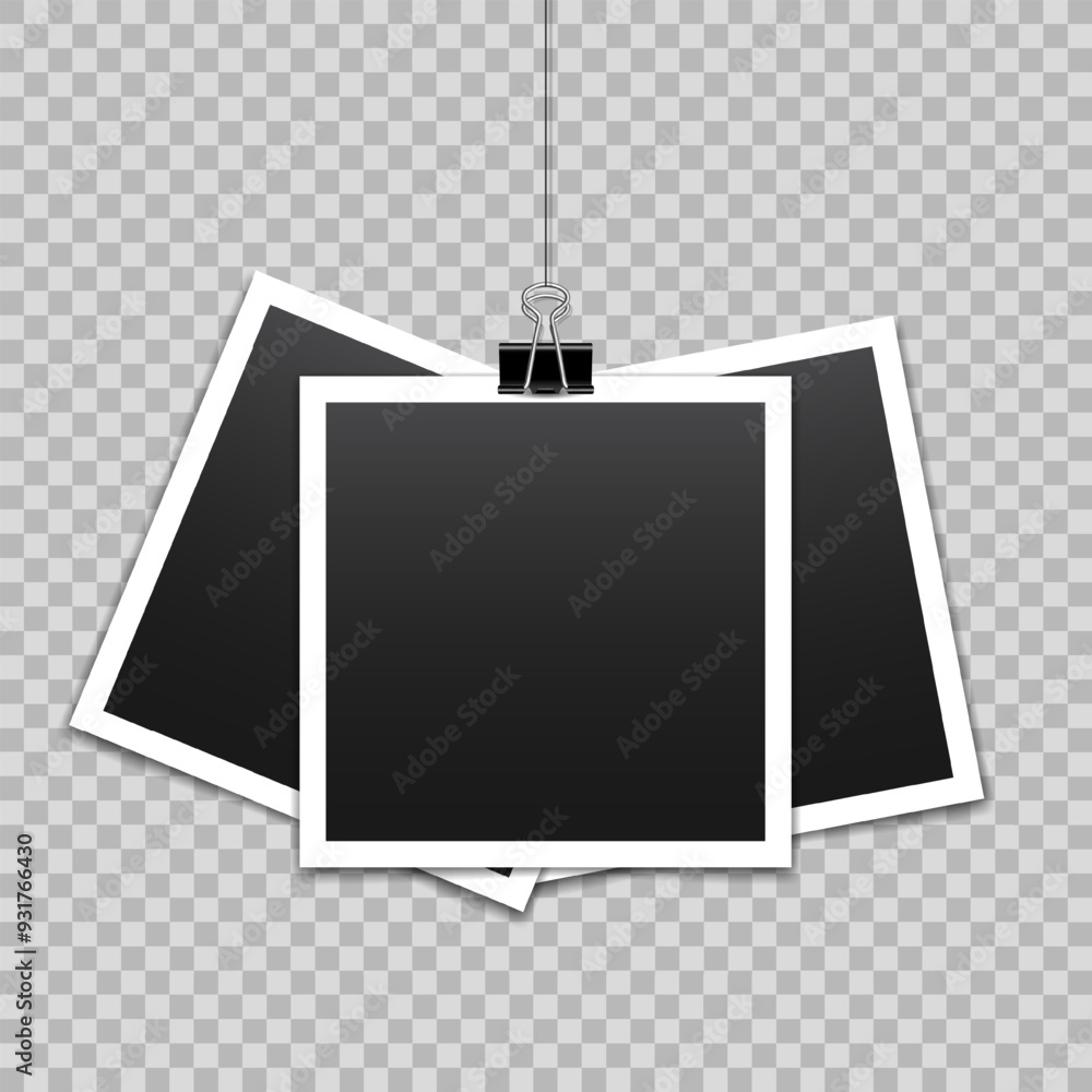 Vector blank photo frames with silver metal paper clip and shadow ...