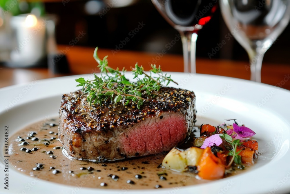 beautifully plated Steak au Poivre, featuring a perfectly cooked steak ...