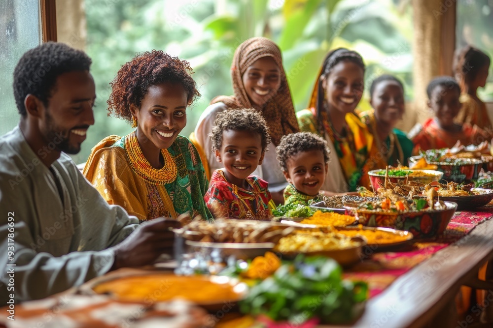 traditional Ethiopian family celebrating Enkutatash, in colorful ...