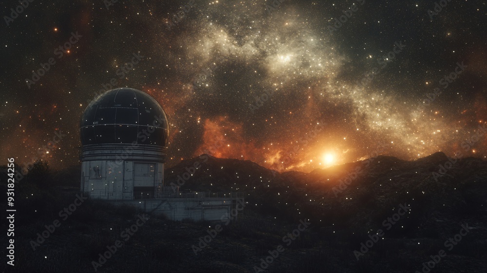 Observatory under starry night sky. Digital art style. Astronomy and ...