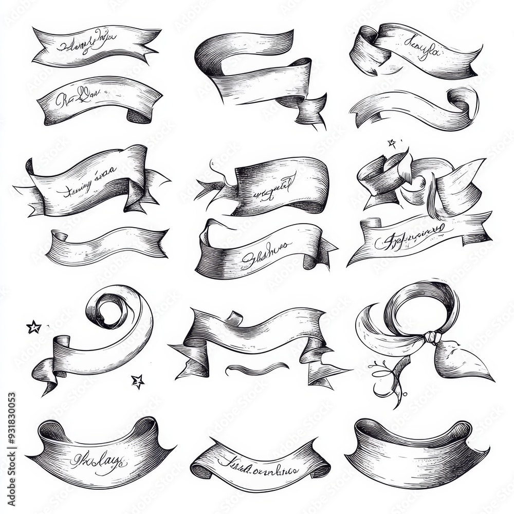 Vintage Engraved Scrolls and Banners: Elegant Hand-Drawn Design ...