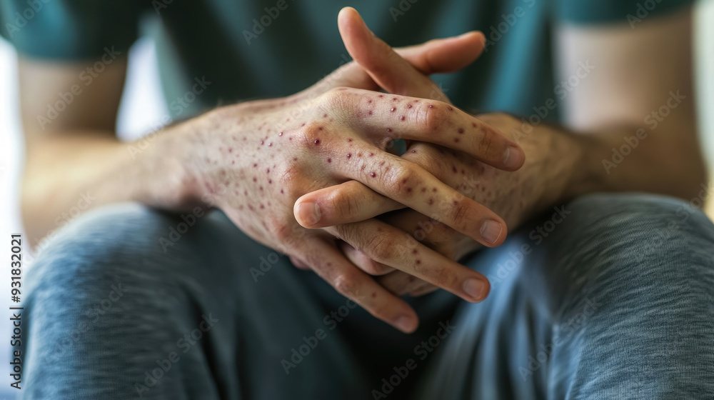 man's hands covered with rash, abscesses, wounds, pimples, monkeypox ...