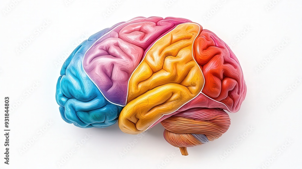 A detailed illustration of the human brain, highlighting different ...