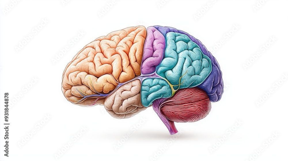A detailed illustration of the human brain, highlighting different ...
