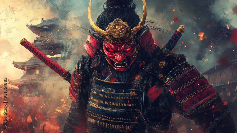 Artwork illustration of a Japanese samurai warrior wearing a red mask ...