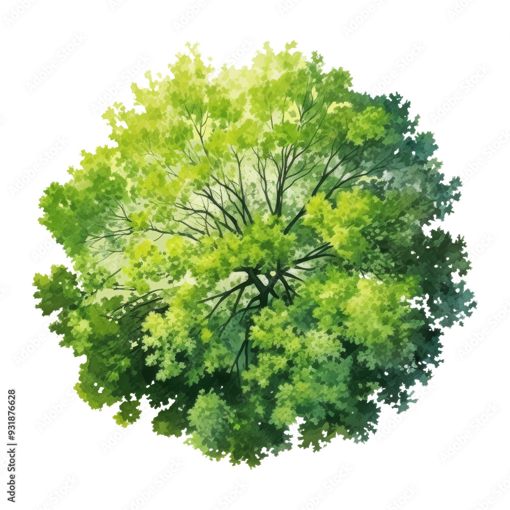 green tree top view watercolor isolated on transparent background ...