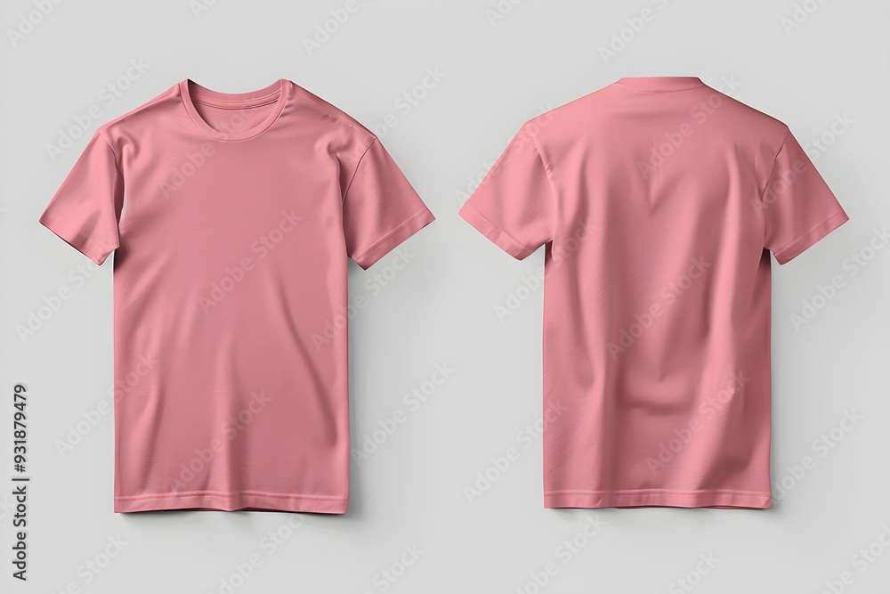 Pink color T-shirt blank template front and back view isolated on White ...