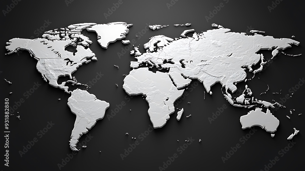 3D World Map White Relief on Black Background: A 3D world map with ...