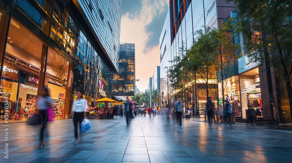 bustling commercial district with modern office buildings, retail ...
