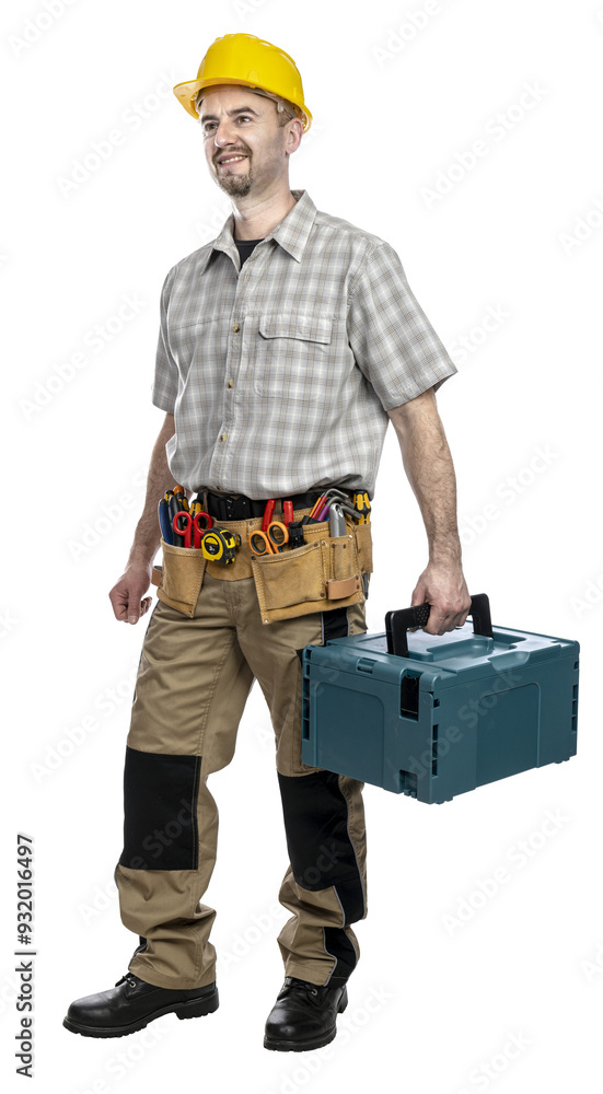 Construction worker carrying toolbox and wearing safety helmet Stock ...