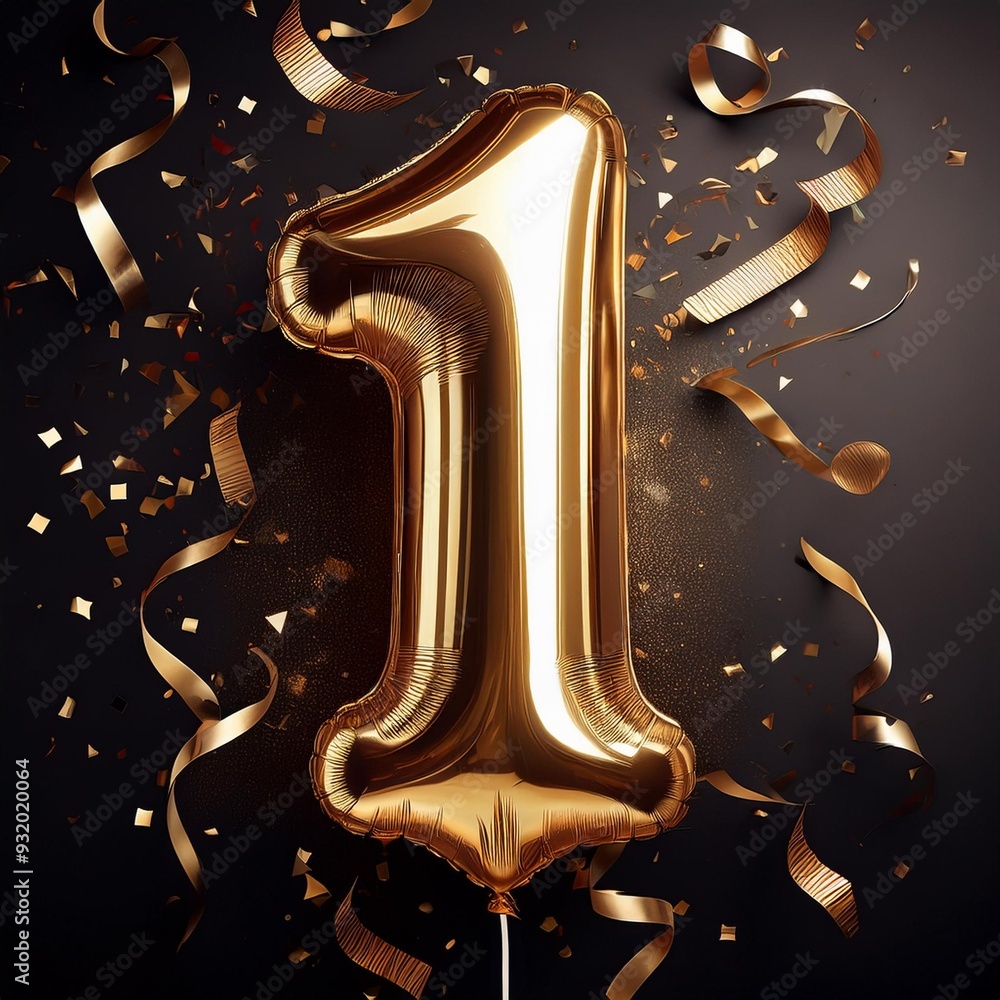 Gold birthday / anniversary balloon, number 1, black background with ...