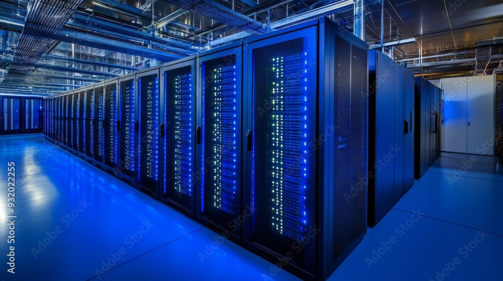 Rows of servers inside a high-tech data center, each server rack glowing with blinking lights ...