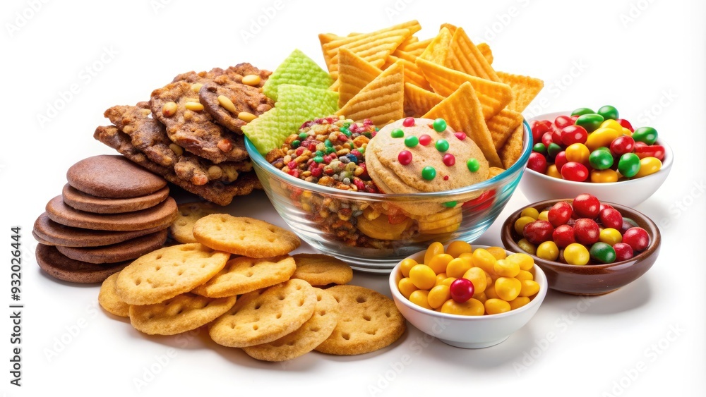 Colorful arrangement of high-calorie snacks, including chips, cookies ...