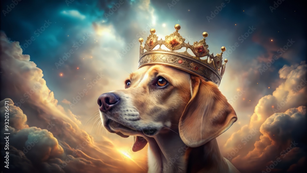 A dreamlike dog dons a crown-like hat adorned with swirling clouds and ...