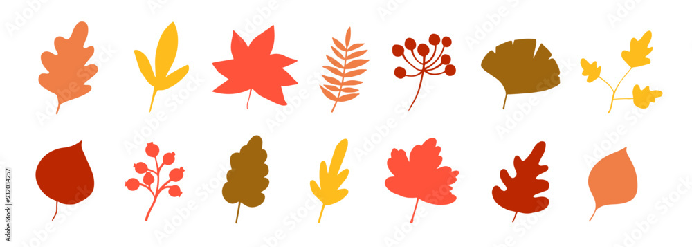 Set of autumn leaves. Fall maple tree leaf icon. Foliage oak, yellow ...