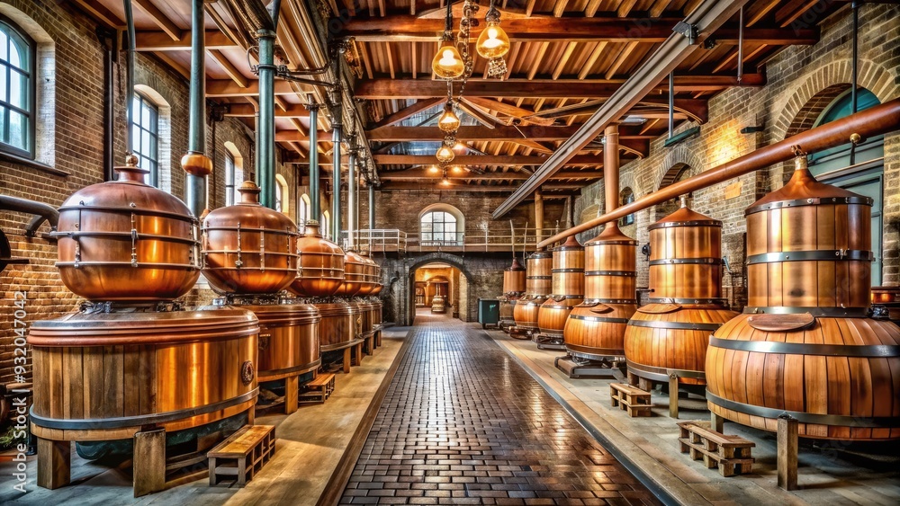 Copper stills and rustic barrels line the walls of a historic ...