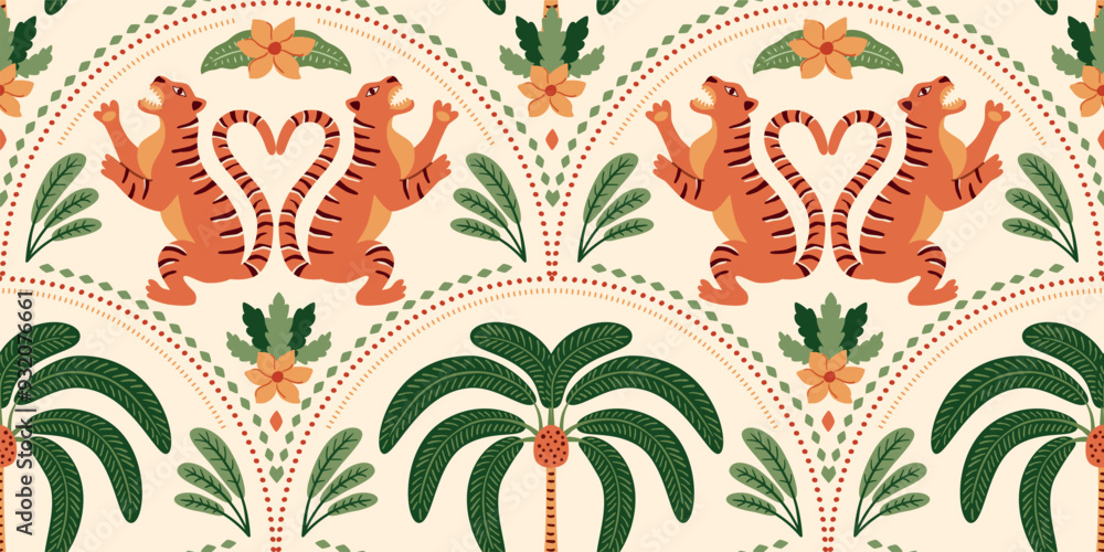 Cute Asian tiger and tropical palm tree seamless pattern. Summer jungle ...