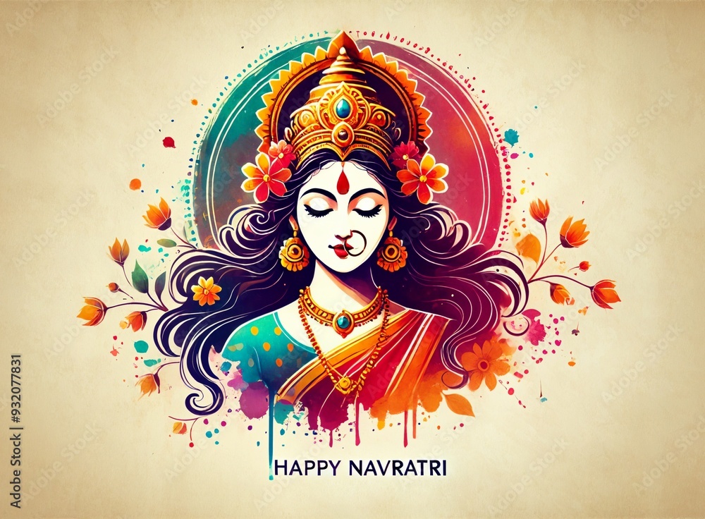 Watercolor poster illustration for navratri with goddess durga portrait ...
