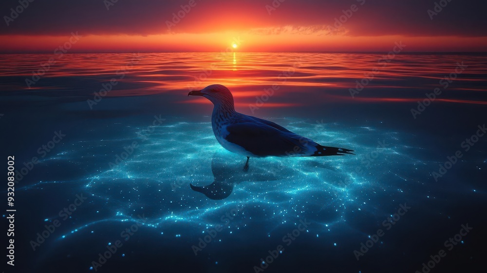 bioluminescent seagull made of swirling plankton reflected in alien ...