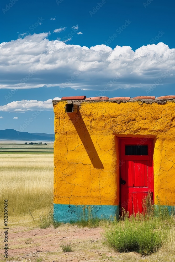 Bright yellow adobe building with a bold red door under a blue sky ...