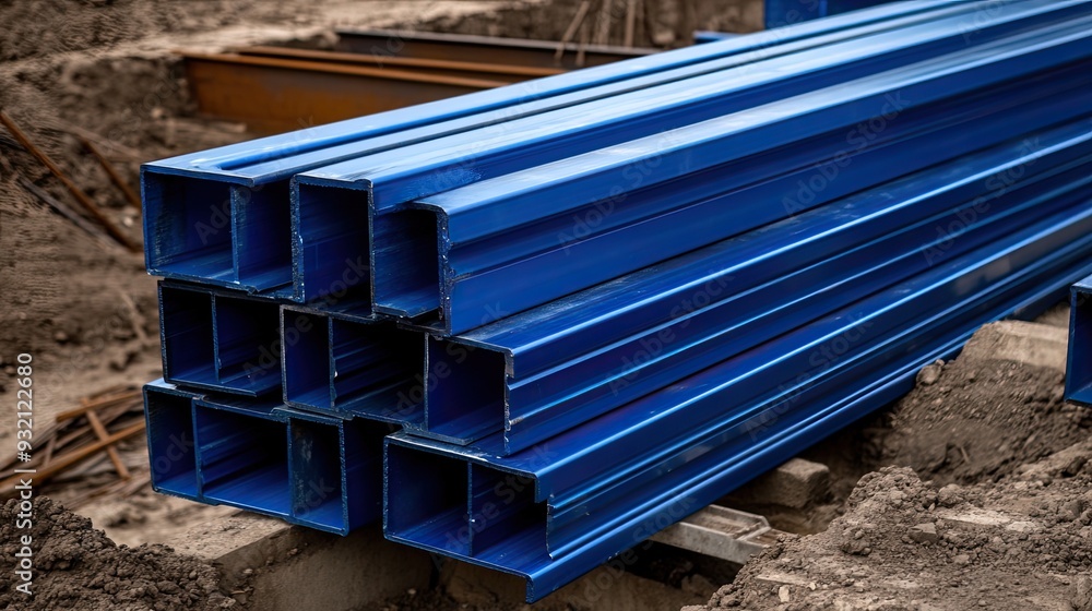 Steel I-beams in vibrant blue finish and rebar are arranged on the ...
