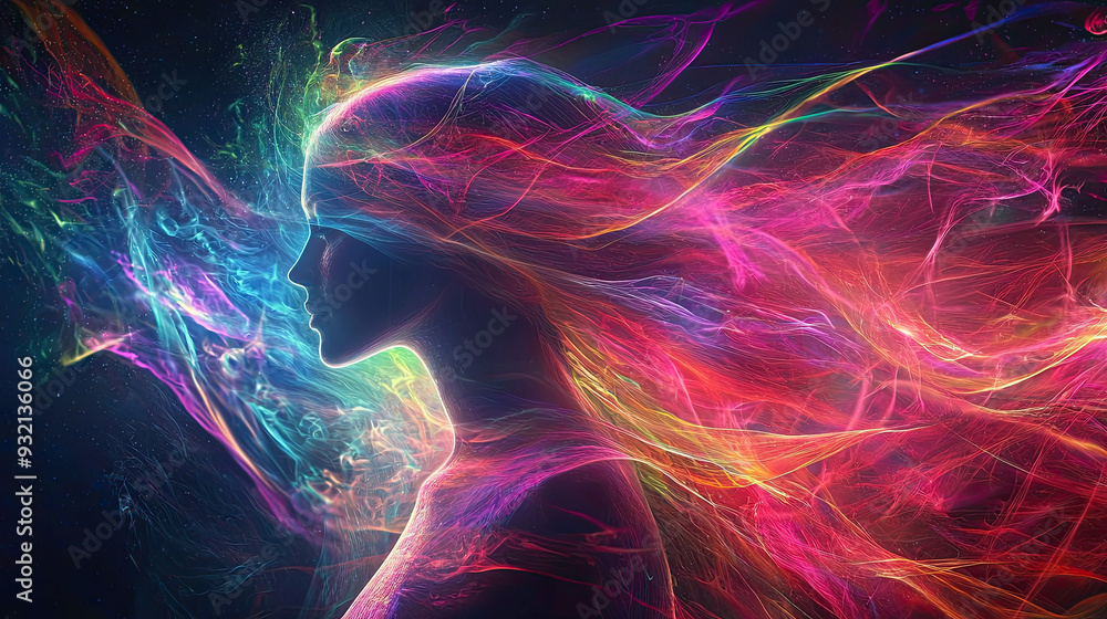 Spectrum of Light and Energy with Woman's Hair Floating Through the ...