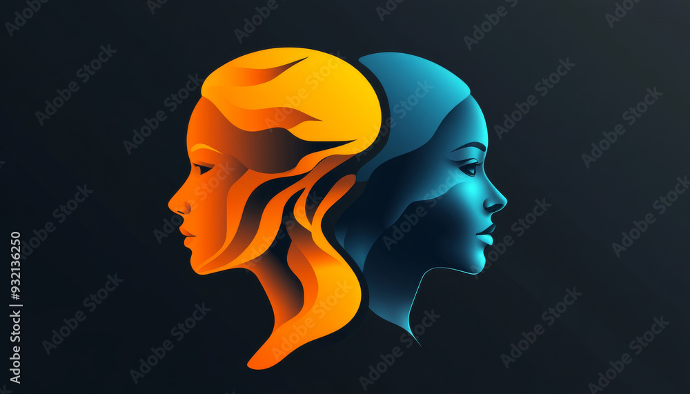 Logo design with two heads, side by side in profile, with an orange and ...