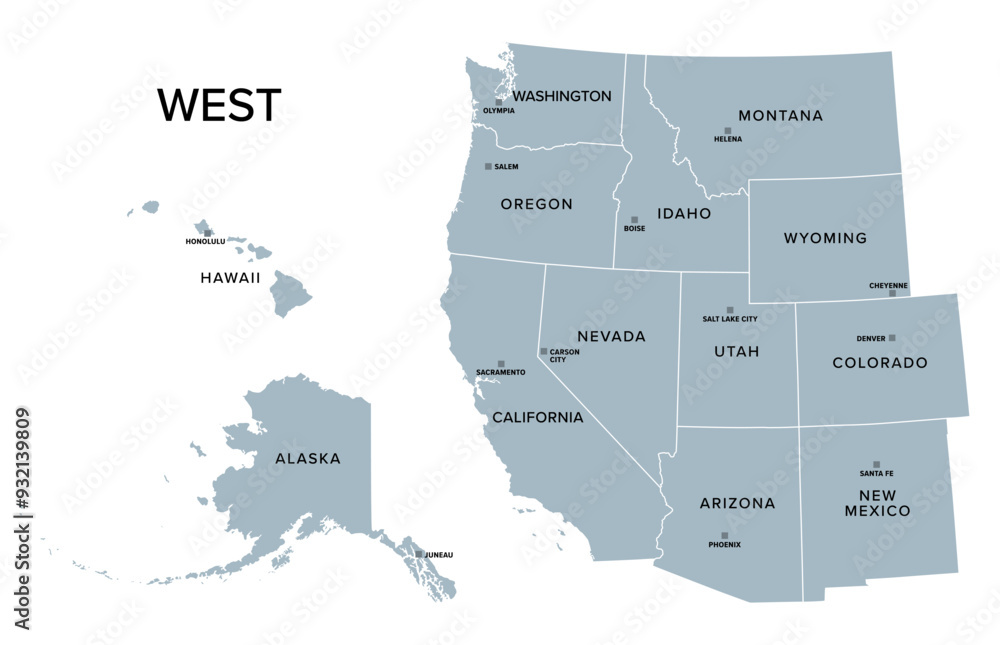 West, census region of the United States of America, gray political map ...