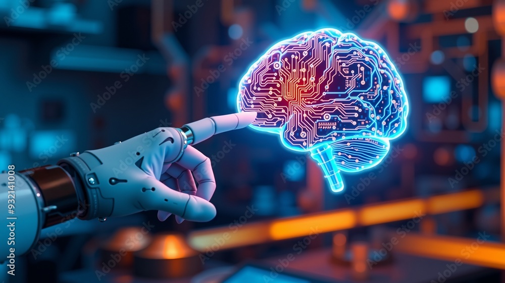 Robotic hand reaches towards a glowing brain circuit board. Blue and ...