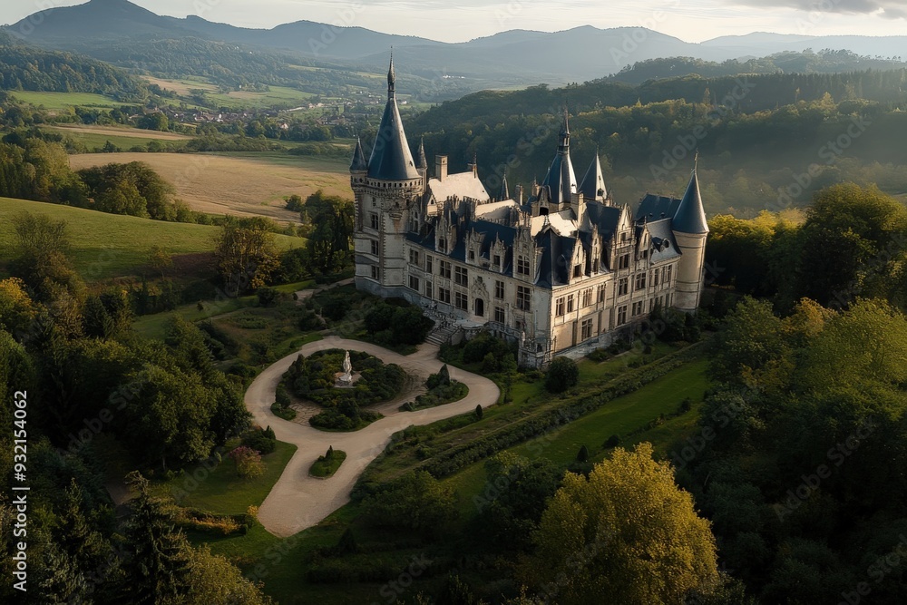 An expansive and grand castle stands proudly amongst rolling hills and ...
