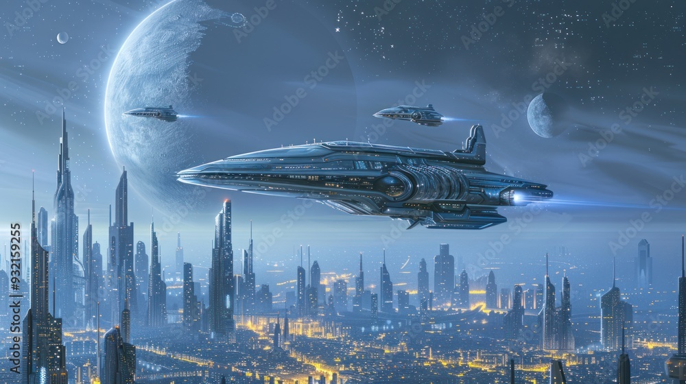 Three sleek spaceships glide above a futuristic alien city, a glowing ...