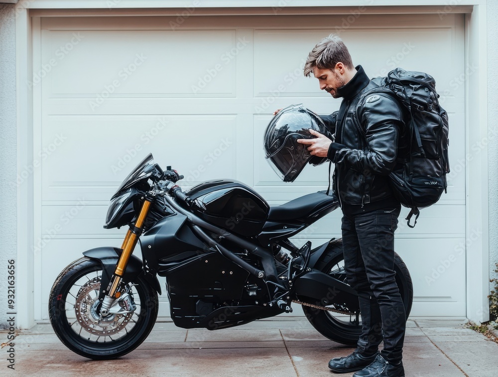 man is standing next to his motorcycle, taking off the helmet from its ...