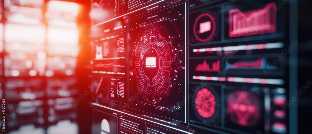 Futuristic data dashboard with graphical interfaces and vibrant visuals, showcasing analytics ...