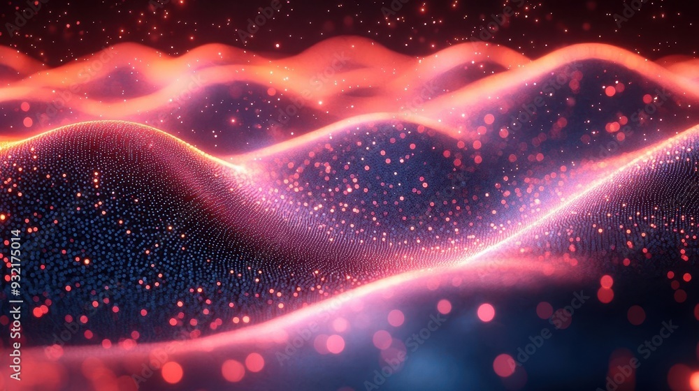 futuristic abstract background with neon pink and blue light trails forming highspeed waveforms ...
