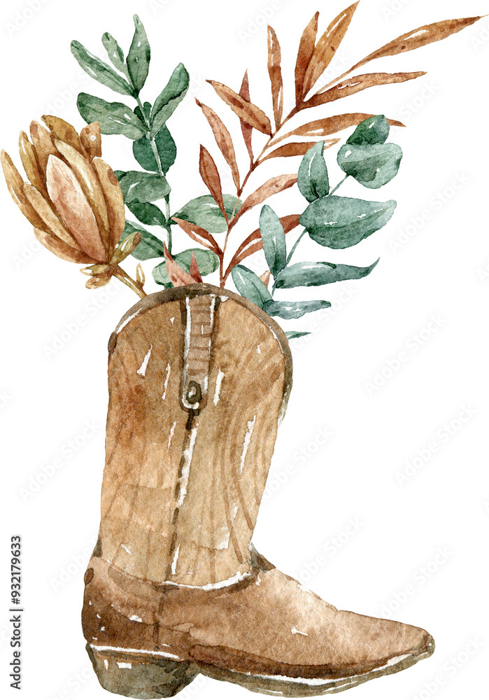 Autumn or summer tropical boho wedding bouquet in cowboy boot png. Wild ...