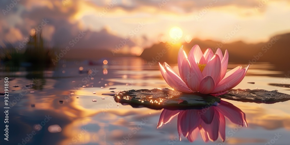 A single pink lotus flower floating peacefully in a calm lake ...