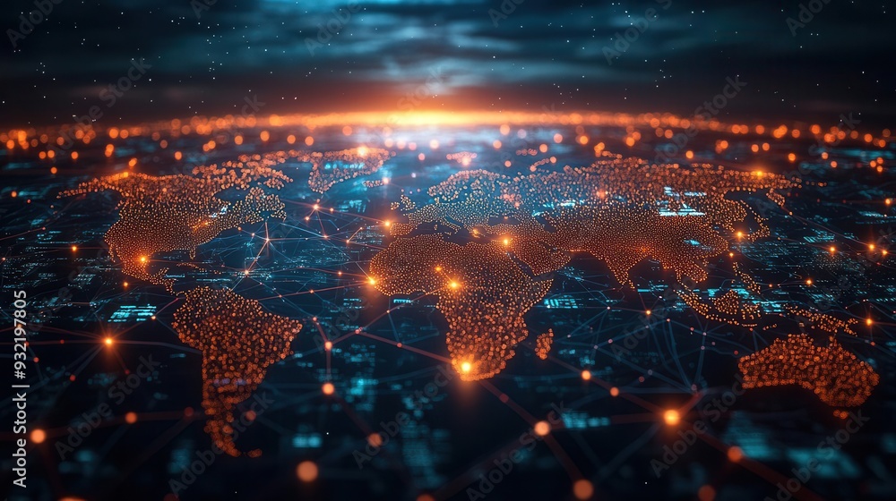 global logistics network visualized as interconnected lines and nodes ...