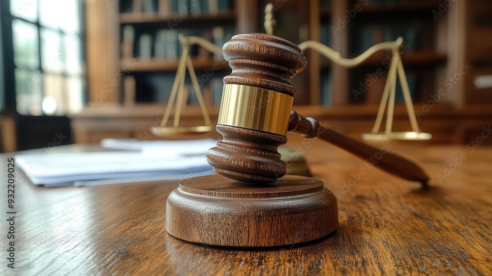 imposing judges gavel resting on polished wooden desk legal documents and scales of justice in ...
