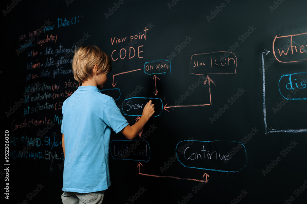 Back view of boy writing a code on blackboard while stand and think ...