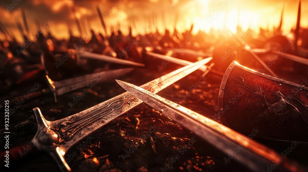 Medieval battle scene with knights clashing, swords and shields reflecting the sunlight ...