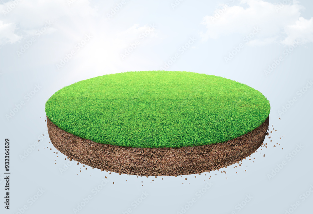 Green grass surface and soil with floating slice of land. Soil texture ...