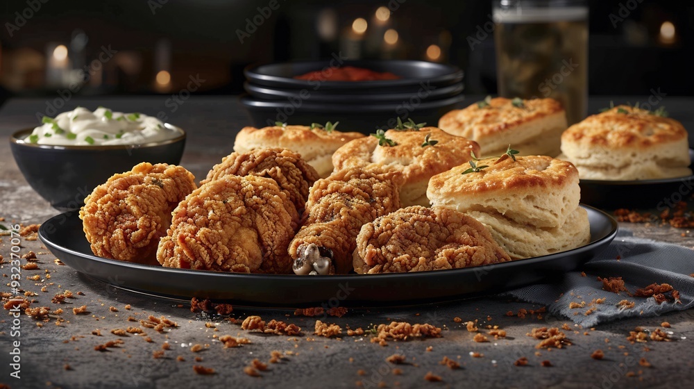 Platter of crispy fried chicken served with a side of buttermilk ...