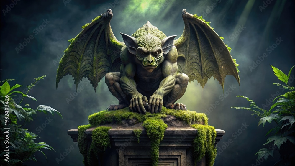 Lonely stone gargoyle perched atop a worn, moss-covered pedestal, its ...